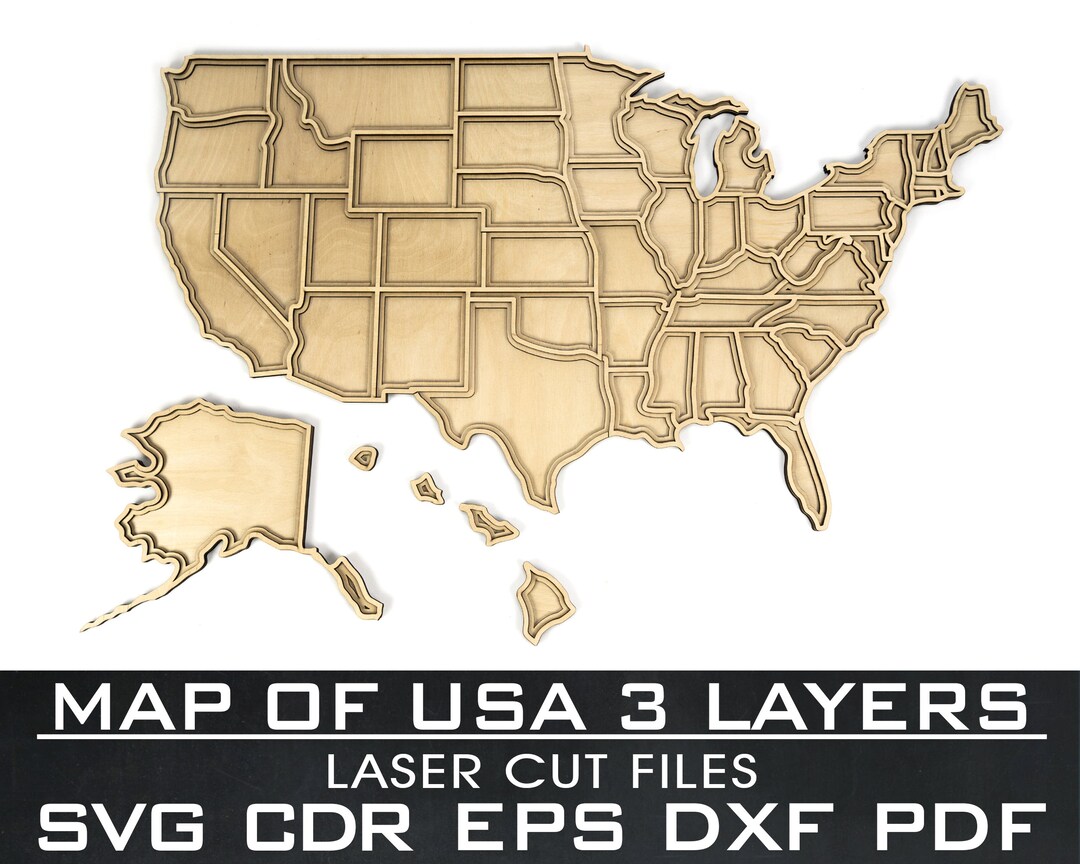 Map of USA Contour, Laser Cut File, 3 Layers, SVG, EPS, Dxf, Cdr, Pdf ...