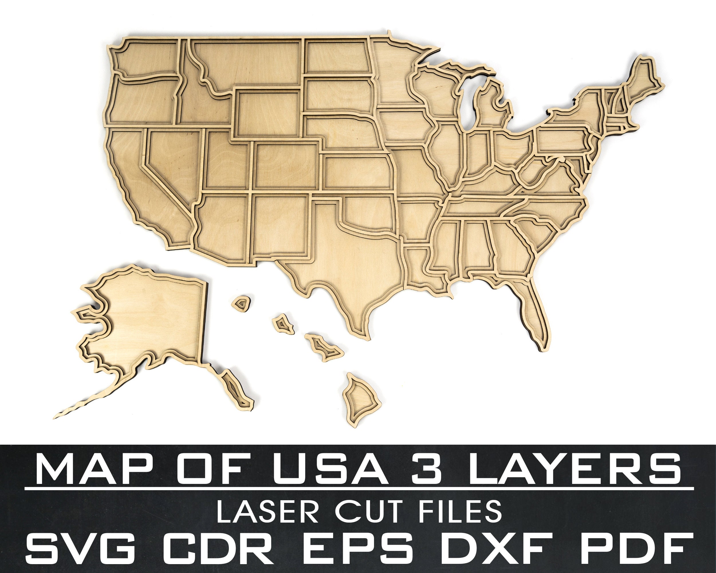 Map of USA Contour Laser Cut File 3 Layers SVG EPS Dxf - Etsy