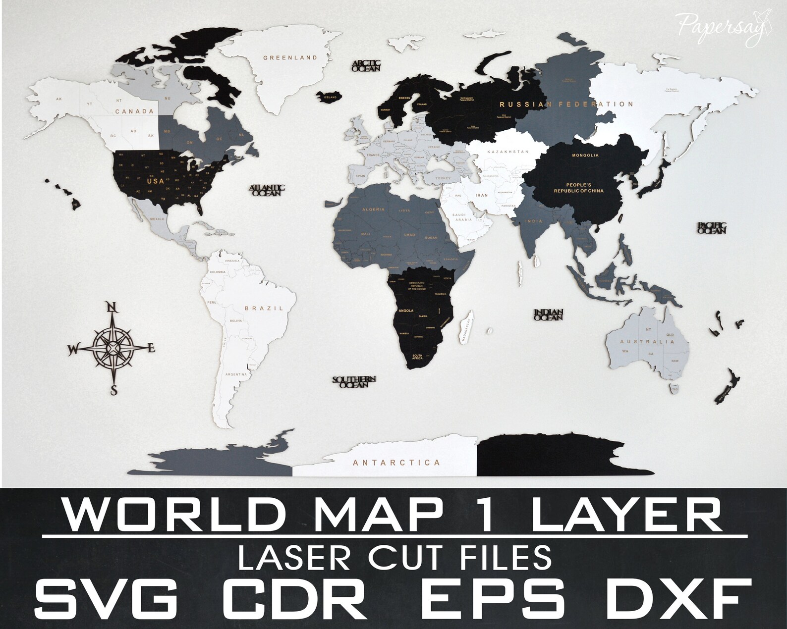 Mapa del mundo archivo de corte láser SVG EPS DXF cdr - Etsy España