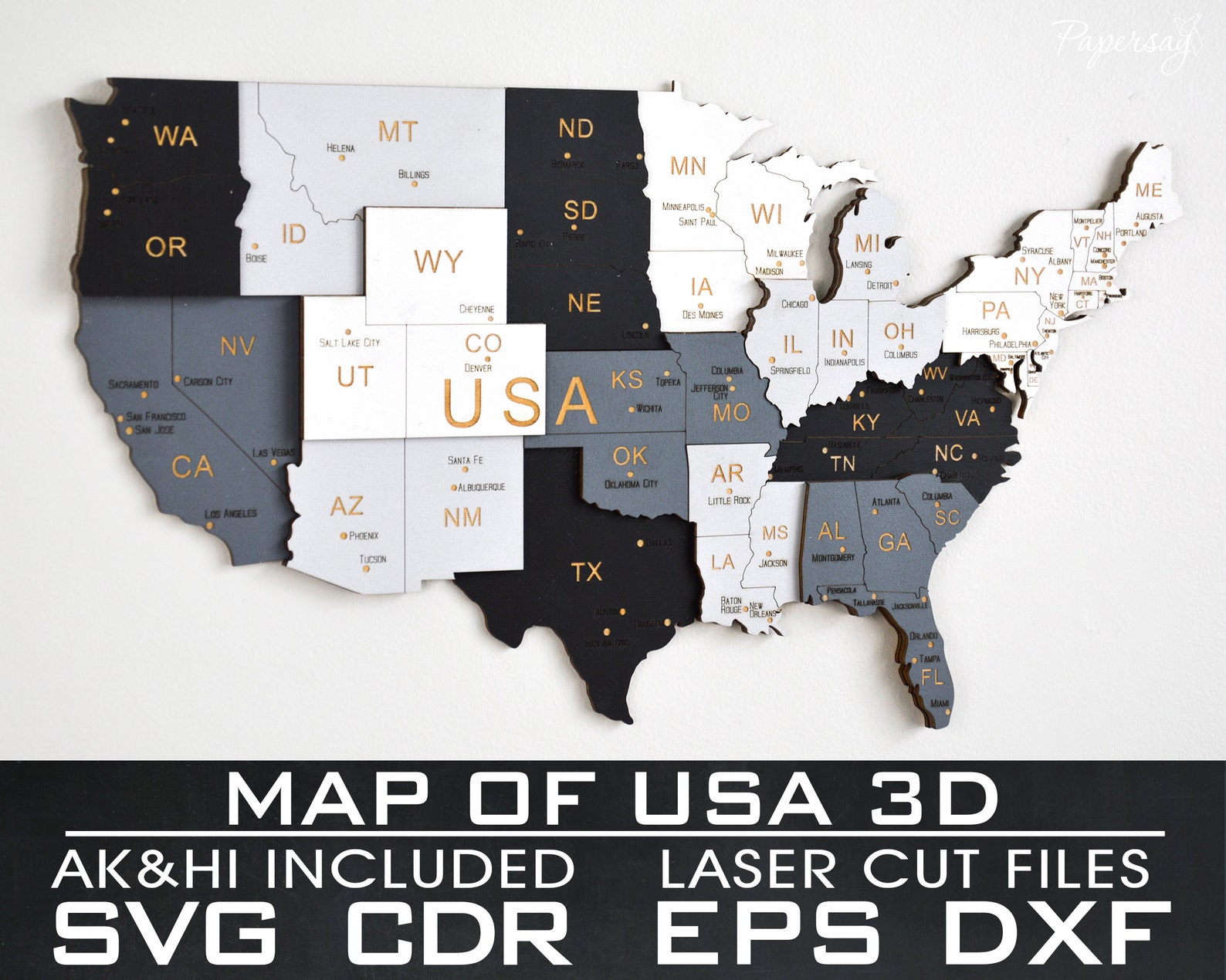 Map of USA 3D, Laser Cut File, SVG, EPS, Dxf, Cdr, Pdf, Multilayered ...