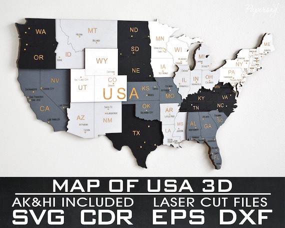 Map of USA 3D Laser Cut File SVG EPS Dxf Cdr Pdf - Etsy UK