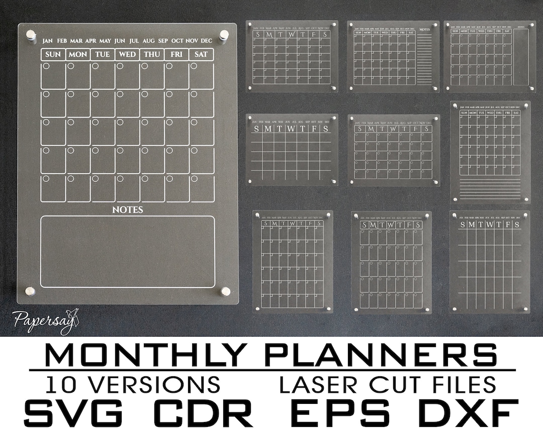 Monthly Planners, 10 Versions, Digital Files, SVG, EPS, CDR, Dxf, Pdf ...