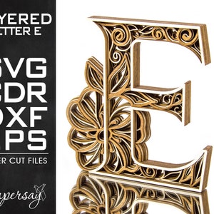 Layered Letter E, Monogram E, SVG, EPS, DXF, Cdr, Multilayered Floral ...