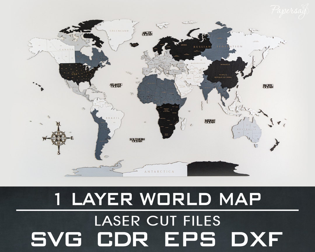 Map of the World 1 Layer, Laser Cut File, SVG, EPS, DXF, Cdr, Pdf, File ...