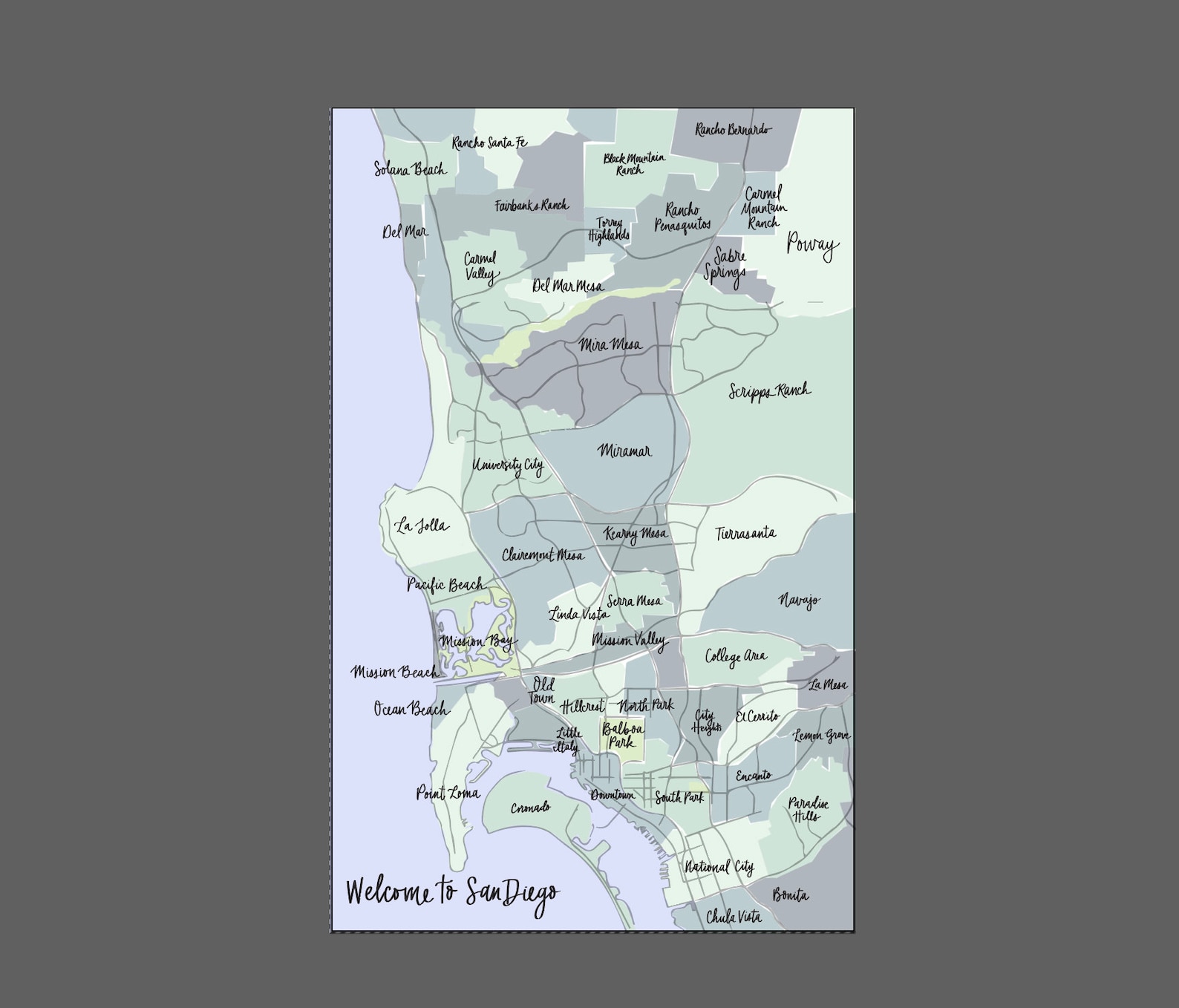 San Diego, California Neighborhood Map | Blues and Teals | Printable ...