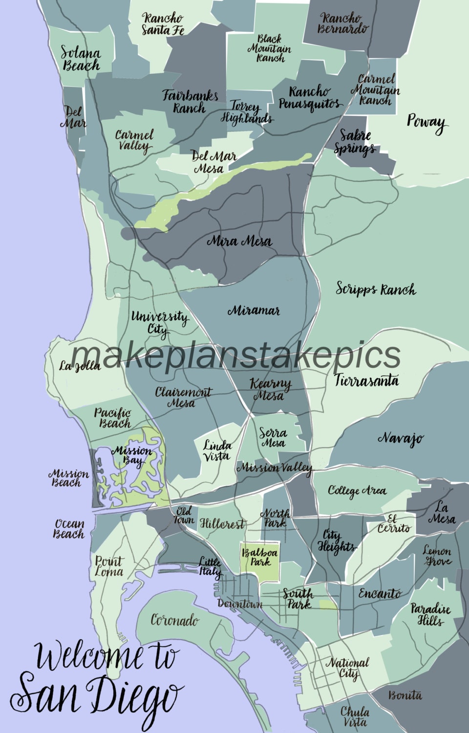 San Diego California Neighborhood Map Blues and Teals - Etsy