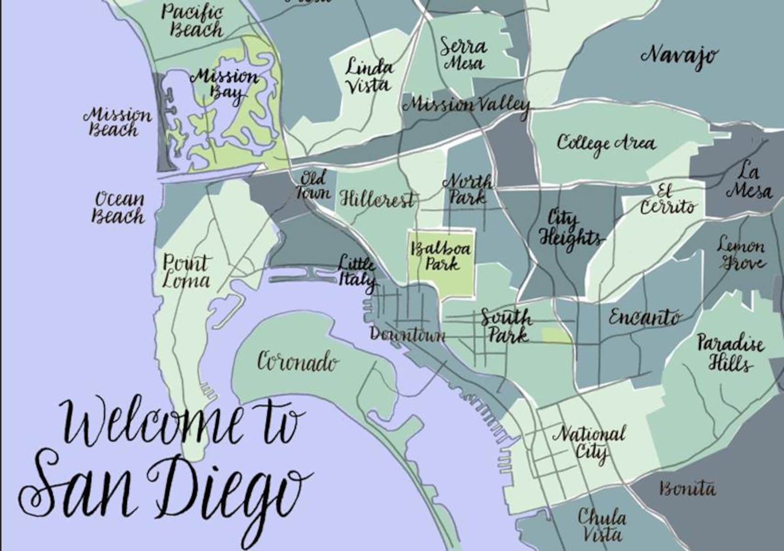 San Diego California Neighborhood Map Blues and Teals - Etsy