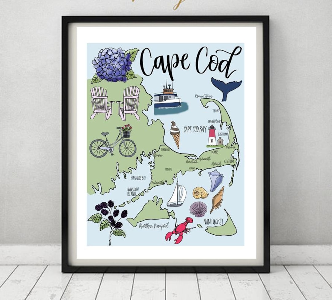 Cape Cod Illustrated Map | Drawings + Calligraphy Print | Martha's ...