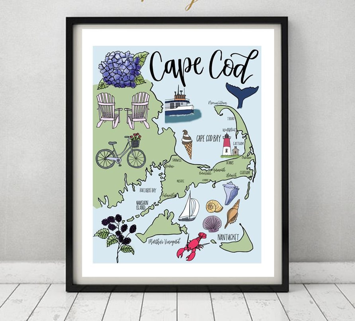Cape Cod Illustrated Map | Drawings + Calligraphy Print | Martha's ...