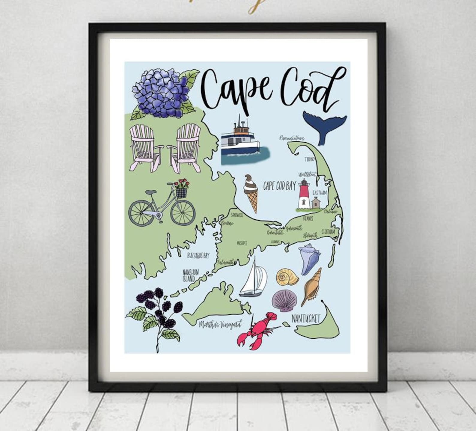 Cape Cod Illustrated Map | Drawings + Calligraphy Print | Martha's ...