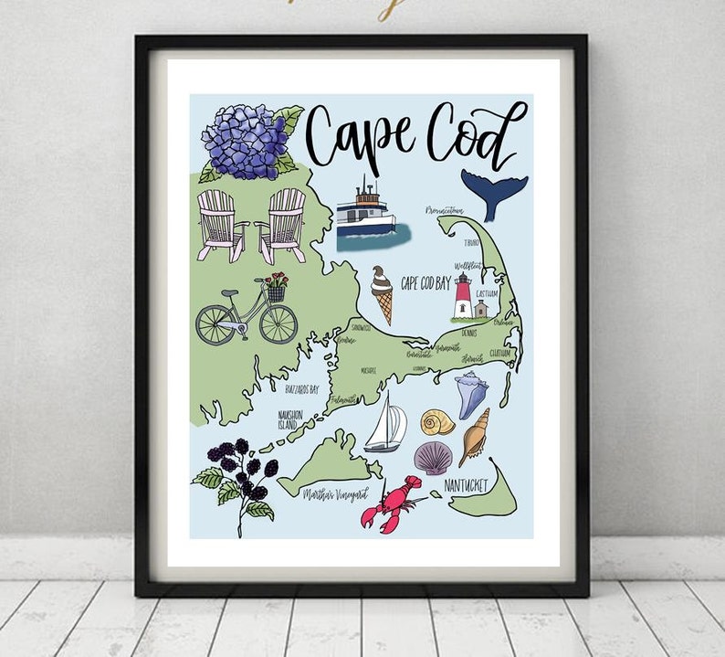 Cape Cod Illustrated Map | Drawings + Calligraphy Print | Martha's ...