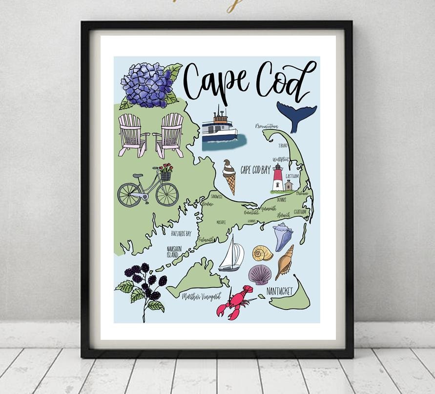 Cape Cod Illustrated Map | Drawings + Calligraphy Print | Martha's ...
