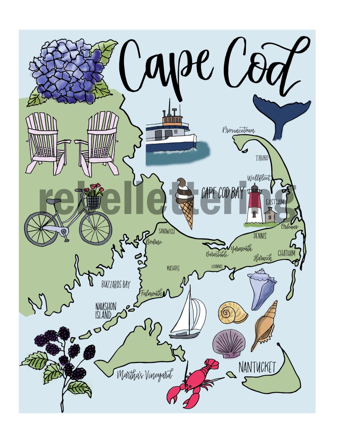 Cape Cod Illustrated Map | Drawings + Calligraphy Print | Martha's ...