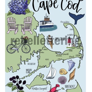 Cape Cod Illustrated Map | Drawings + Calligraphy Print | Martha's ...