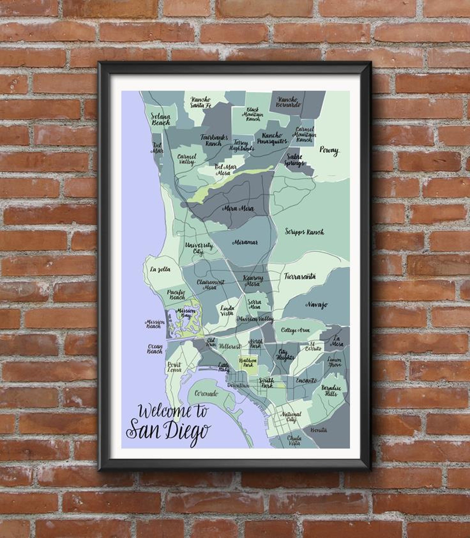 San Diego California Neighborhood Map Blues and Teals - Etsy