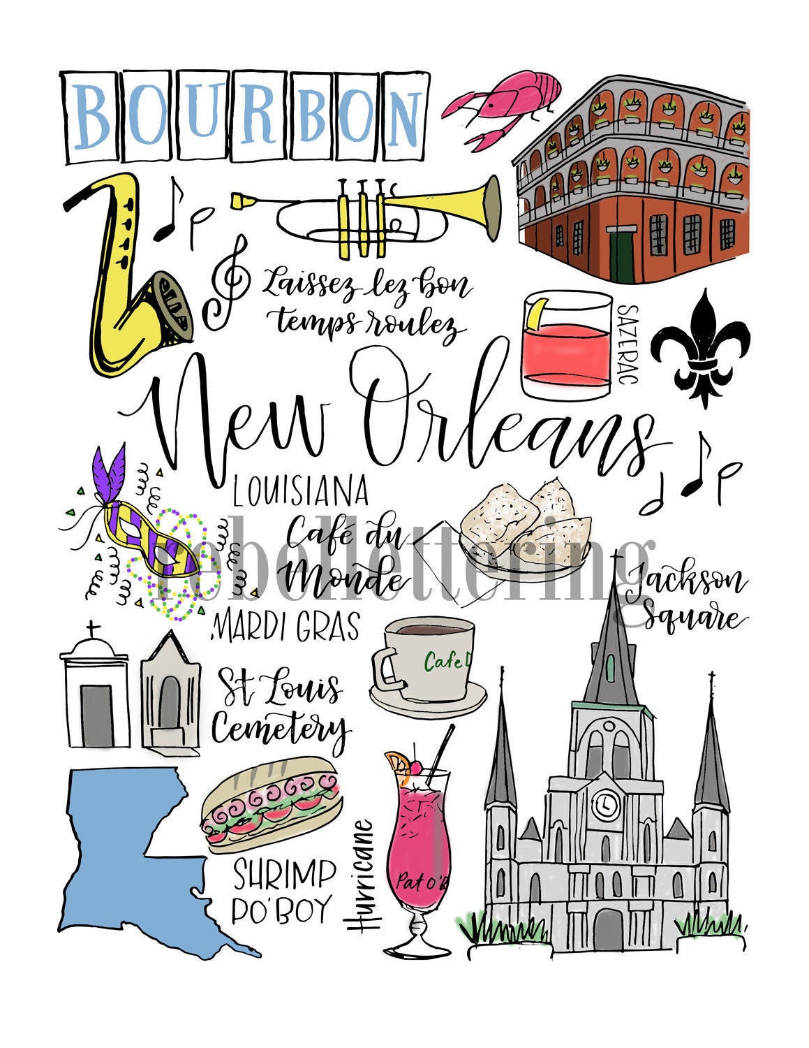 New Orleans City Print With Calligraphy and Drawings | 8x10 Printable ...