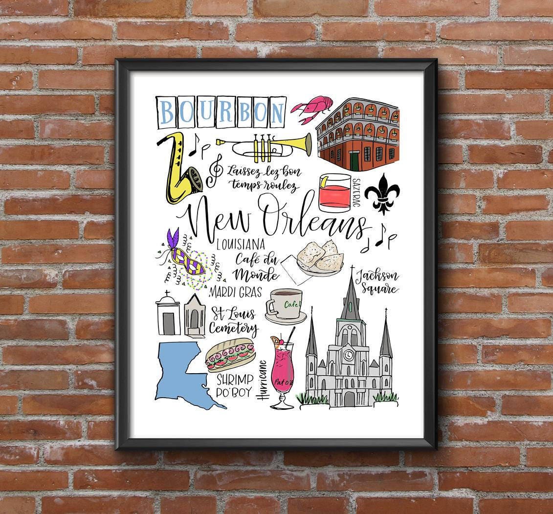 New Orleans City Print With Calligraphy and Drawings | 8x10 Printable ...