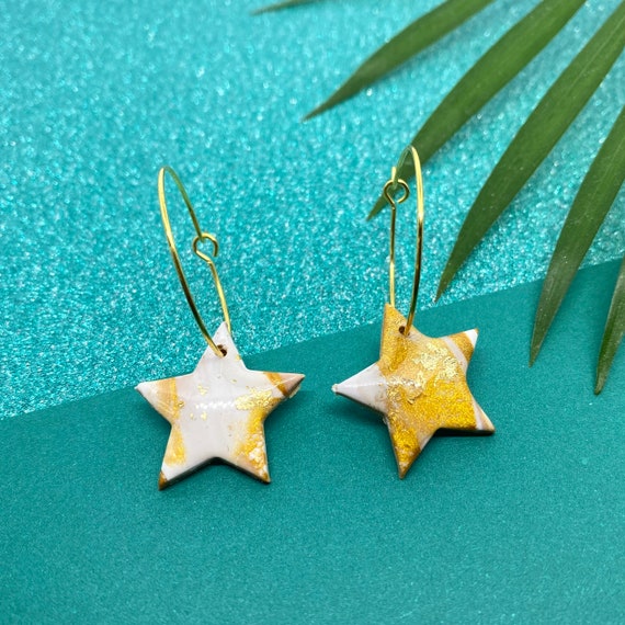 Star Polymer Clay Charm Hoop Earrings Gold White Embellished | Etsy