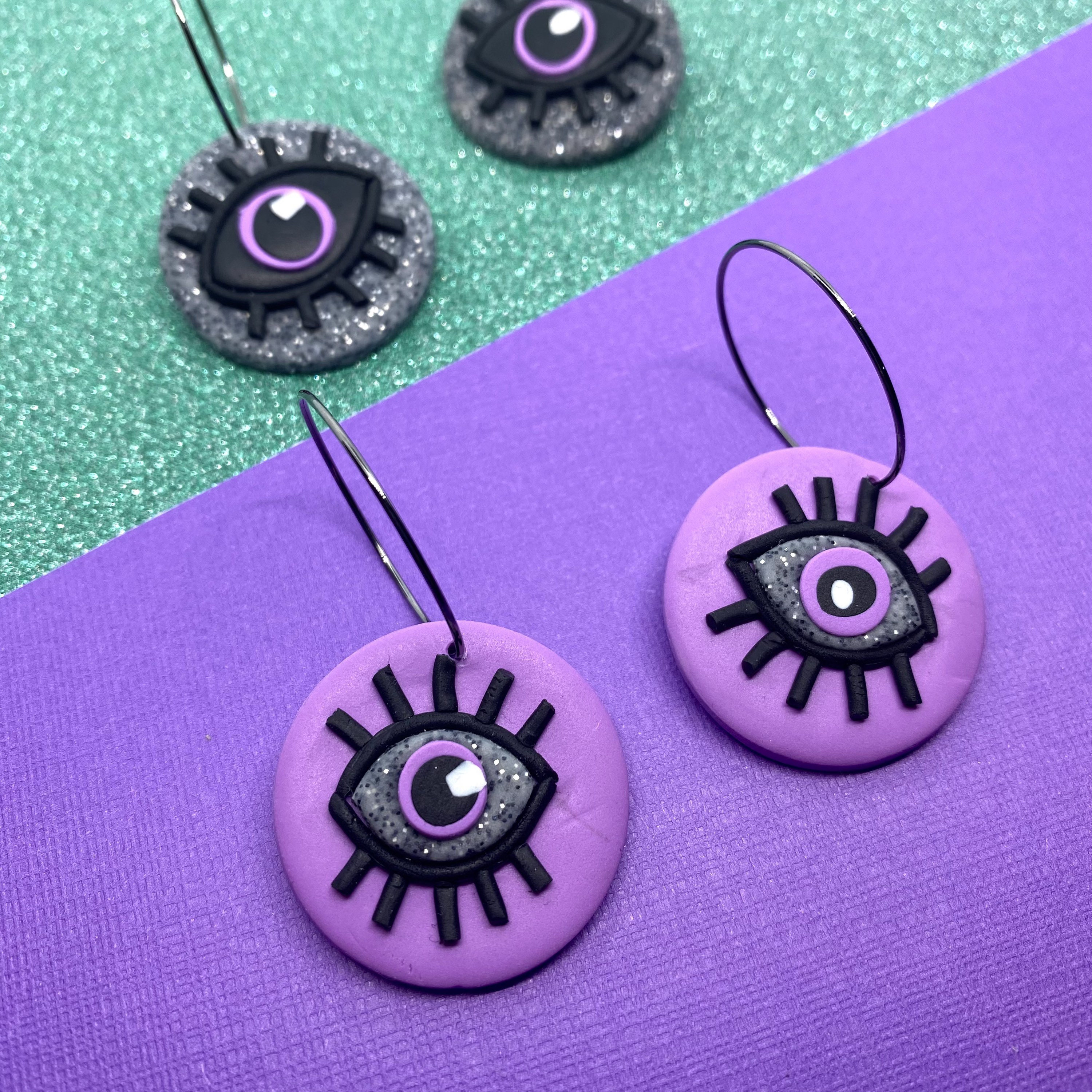 Evil Eye Disc Charm Polymer Clay Hoop Earrings Speckled Purple | Etsy