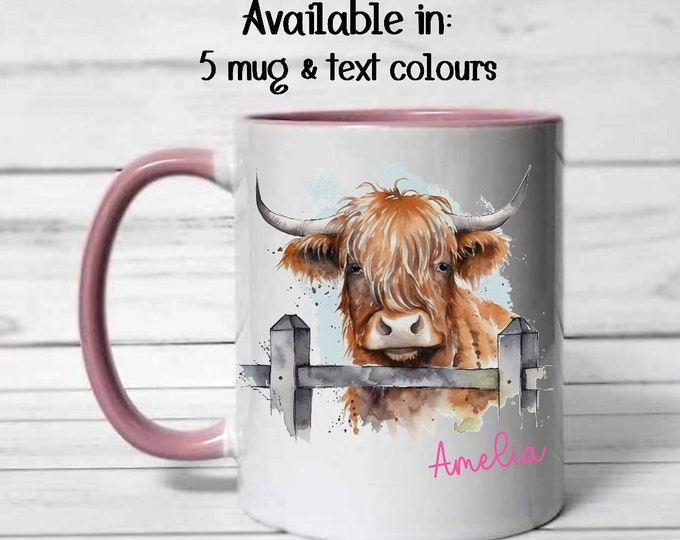 HIGHLAND COW Personalised With Name Mug Cup Coaster Mat 11oz, Double ...