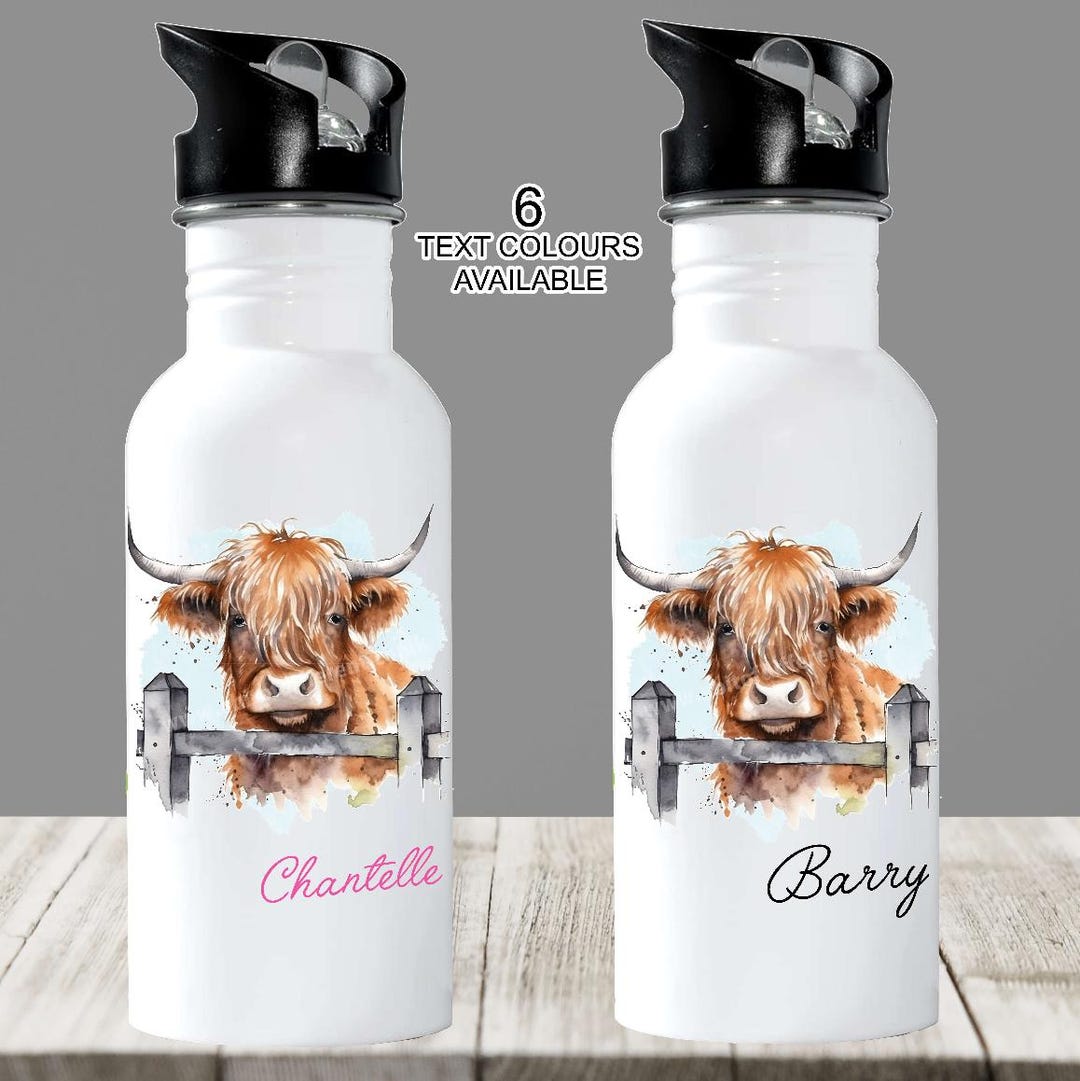 Highland Cow Personalised Water Bottle , Cow Bottle , With Handle and ...