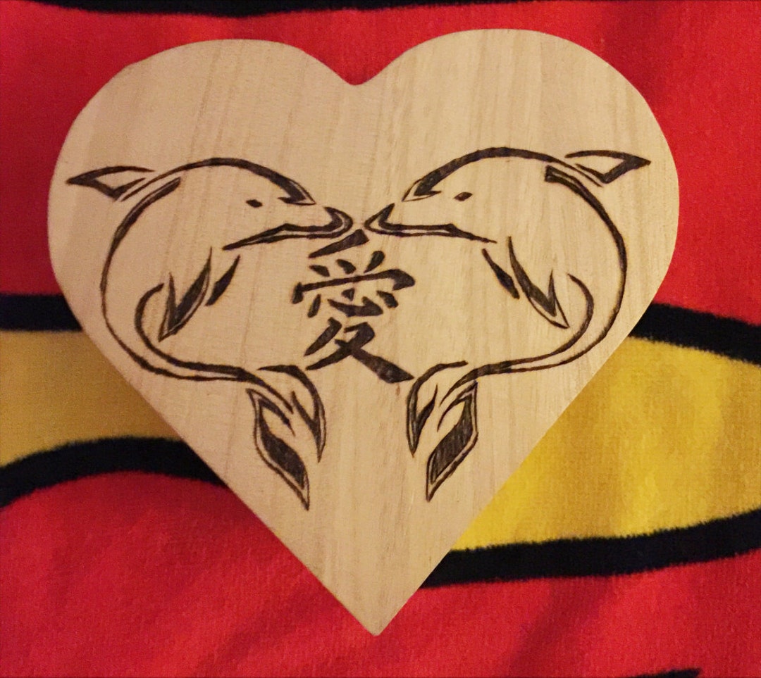 Dolphin Kanji Love Heart Box - Wood Burning - Pyrography 5"x6"x3.25" - Etsy
