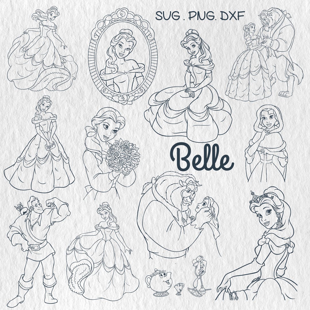 Princess Belle Outline SVG Cutting File, Cartoon SVG, PNG, Vector ...