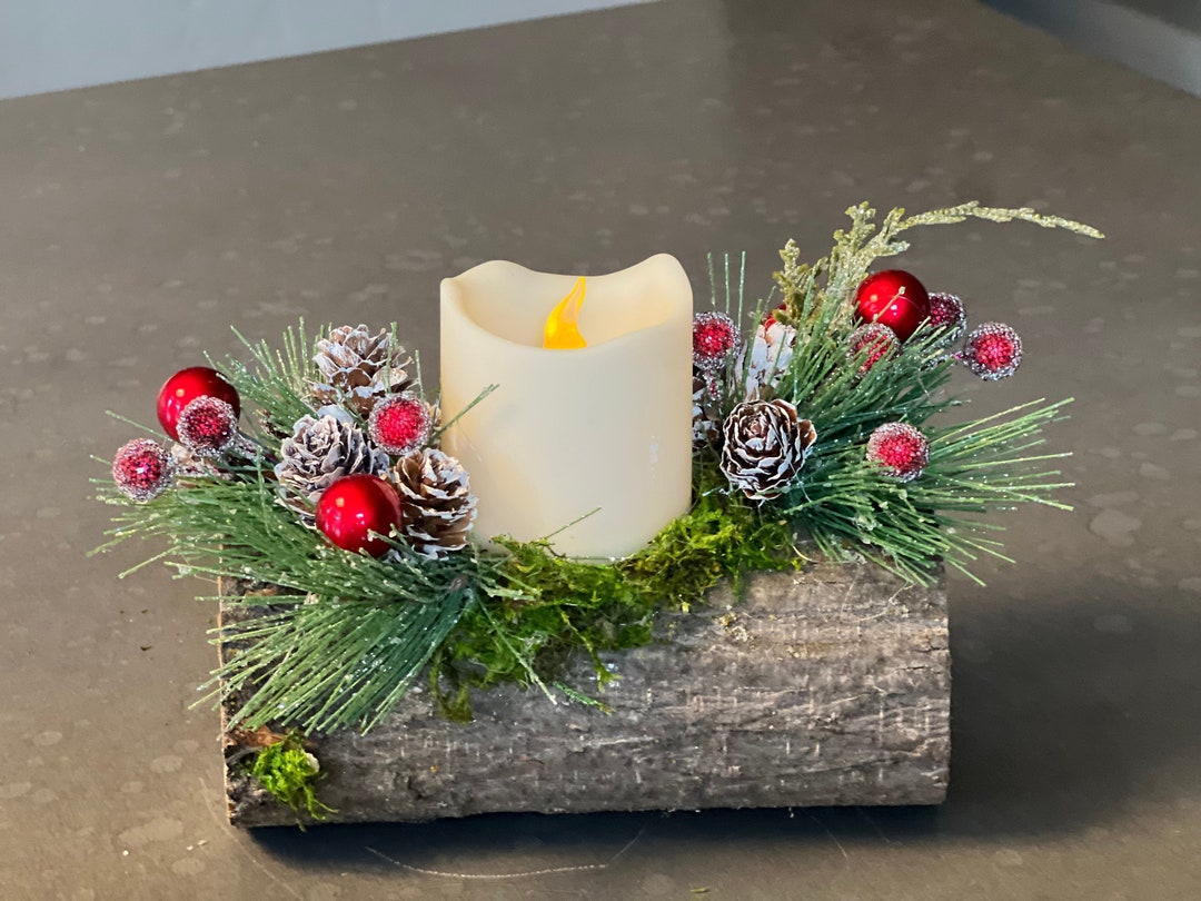 Rustic Christmas Yule Log Candle | Real Wood Centerpiece | Holiday ...