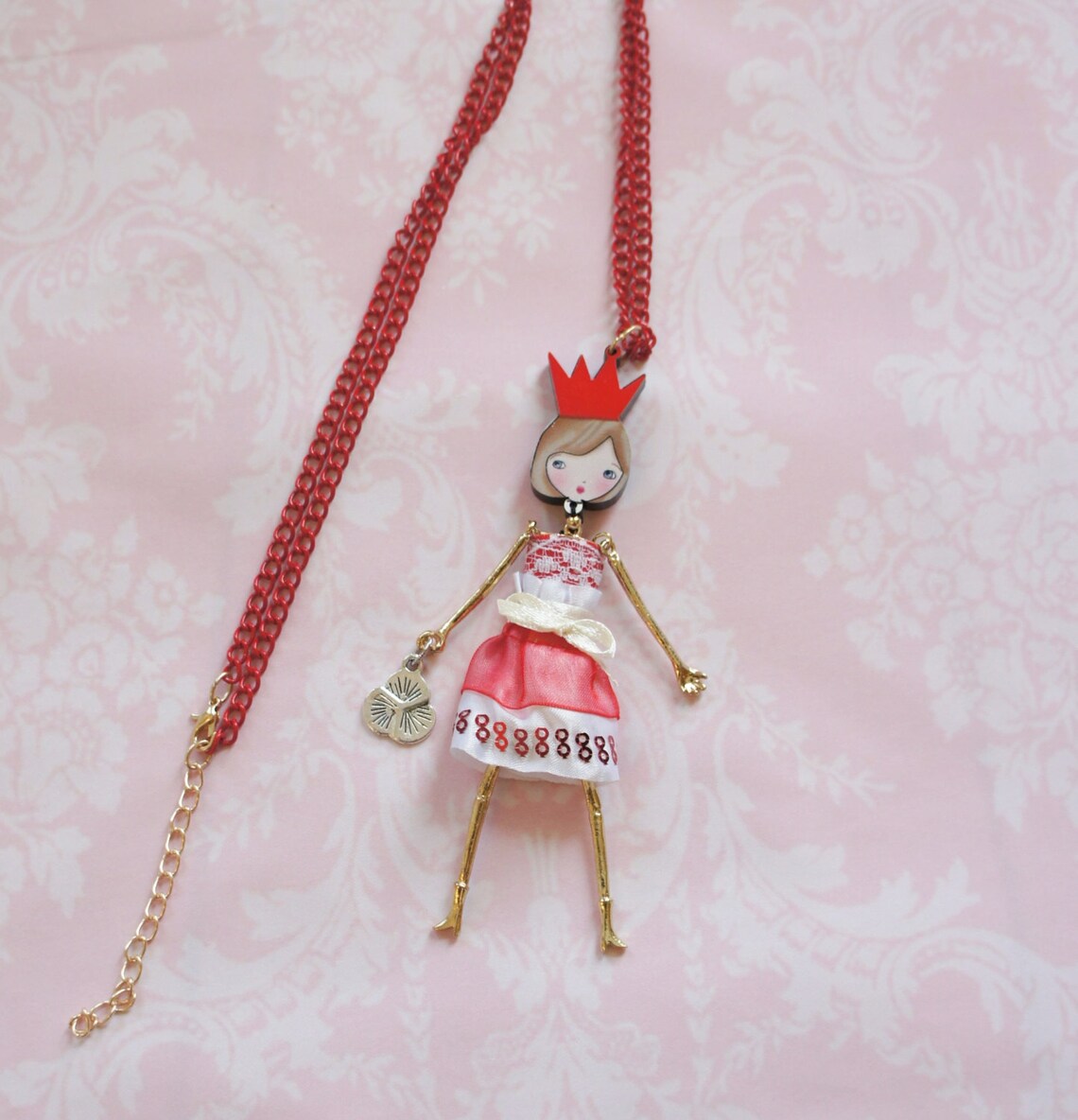 RED FRENCH DOLL Pendant, Doll Necklace With a Pink Dress, Little Girl ...