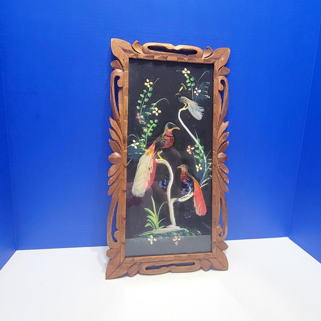 Vintage Feather Art Picture Tropical Bird in Wood Frame Made in Mexico ...