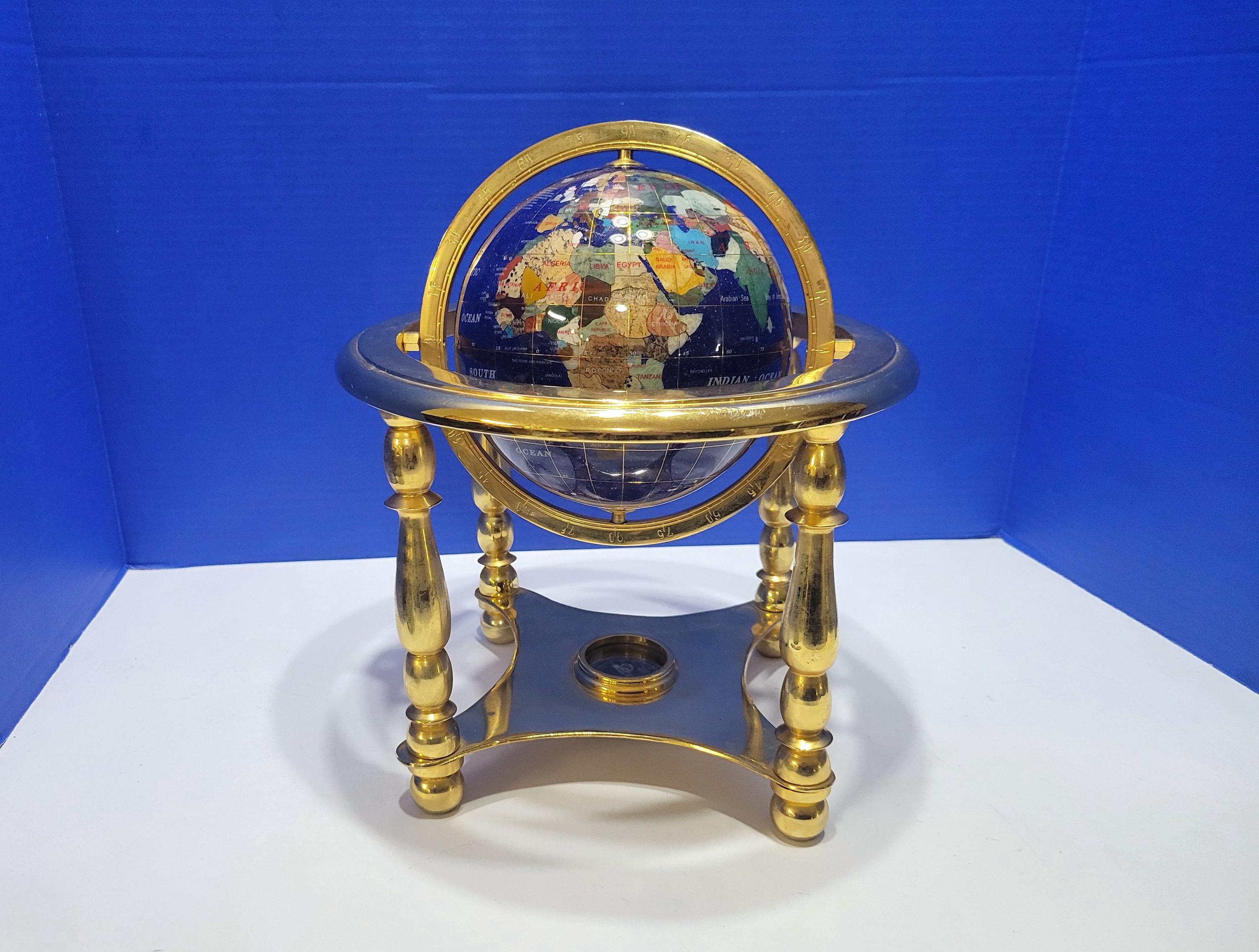 Vintage Rotating Lapis Globe with Semiprecious Gemstones in Brass ...
