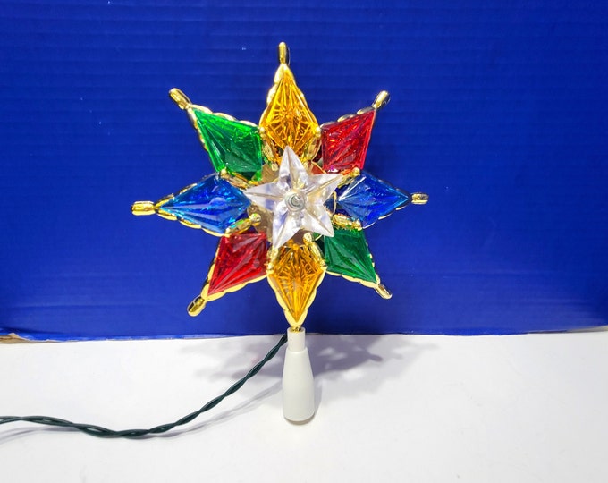 Vintage Multicolored Star Christmas Tree Topper Lighted Stained Glass ...