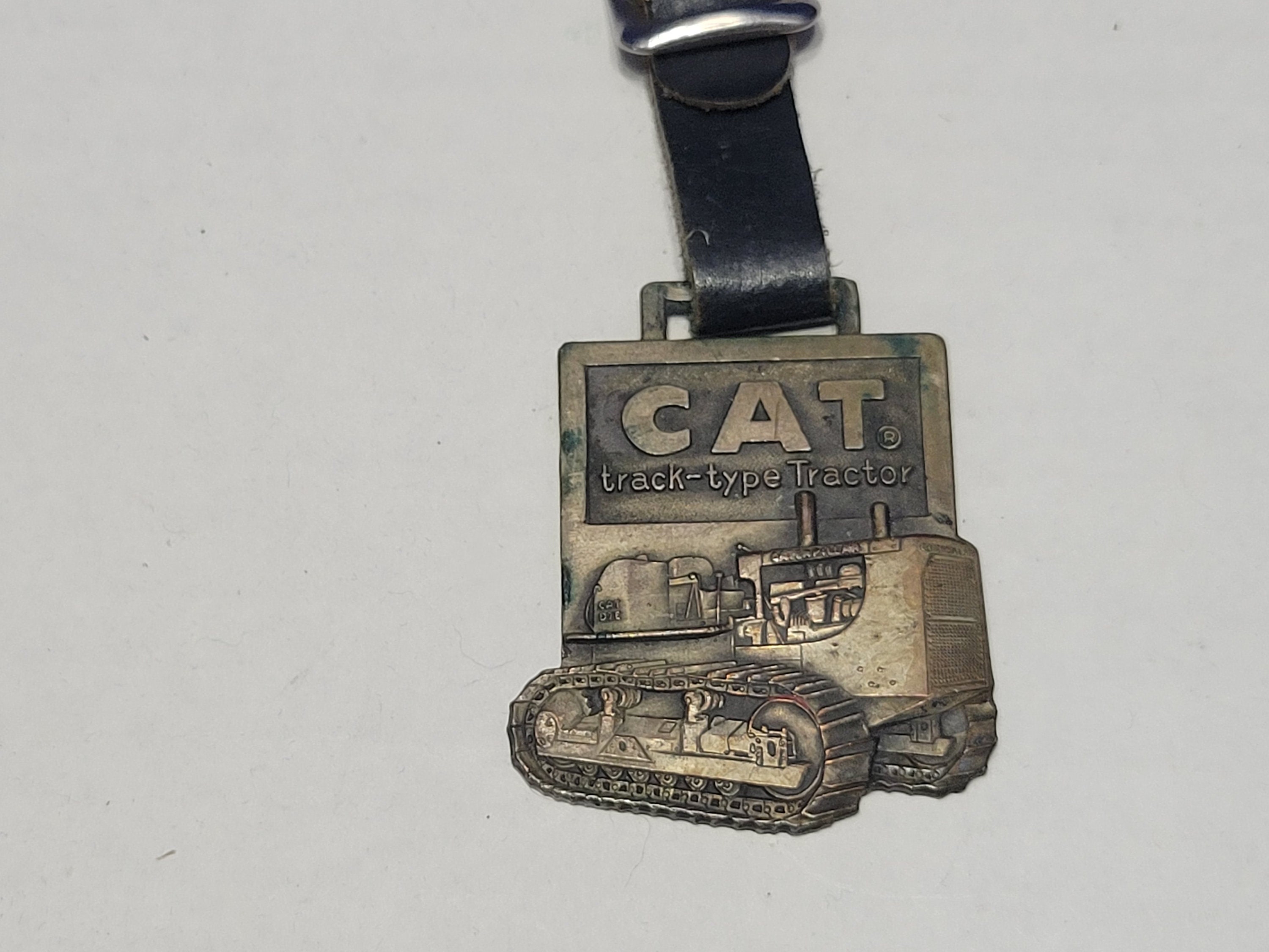 Vintage Caterpillar Tractor Pocket Watch Key Fob with Leather Strap