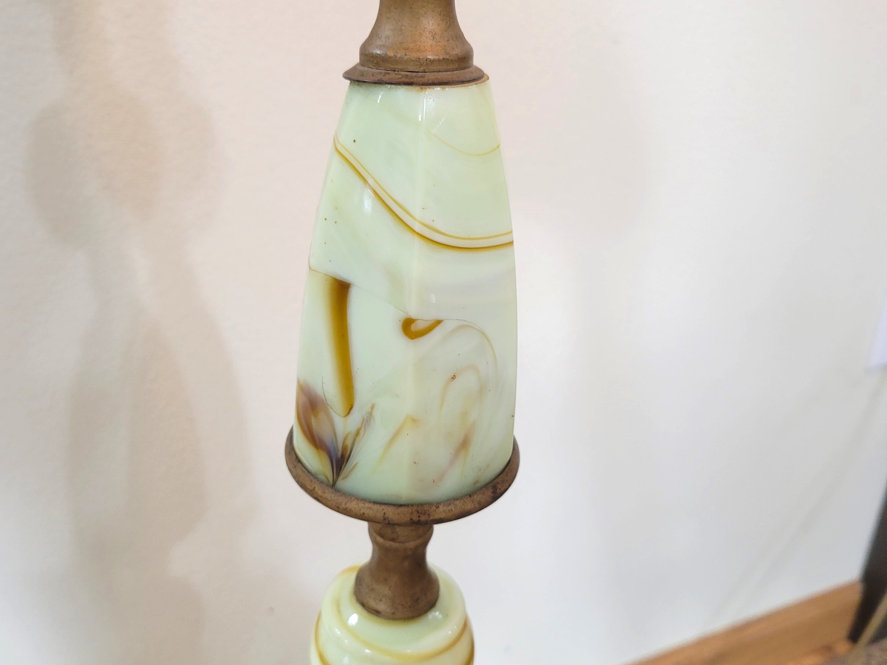 Antique Jadeite Agate Slag Glass Floor Lamp with Brass and Fringe Shade
