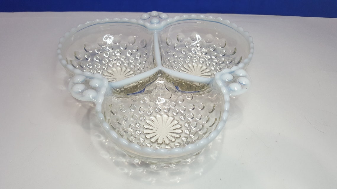 Vintage Moonstone Glass Opalescent Hobnail Cloverleaf Divided - Etsy