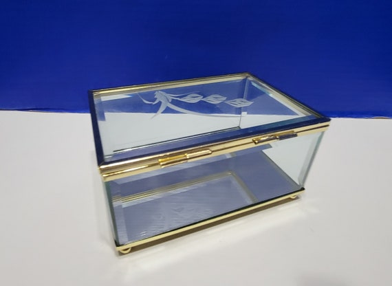 Vintage Beveled Glass Rectangular Box Etched Lid Jewe… - Gem