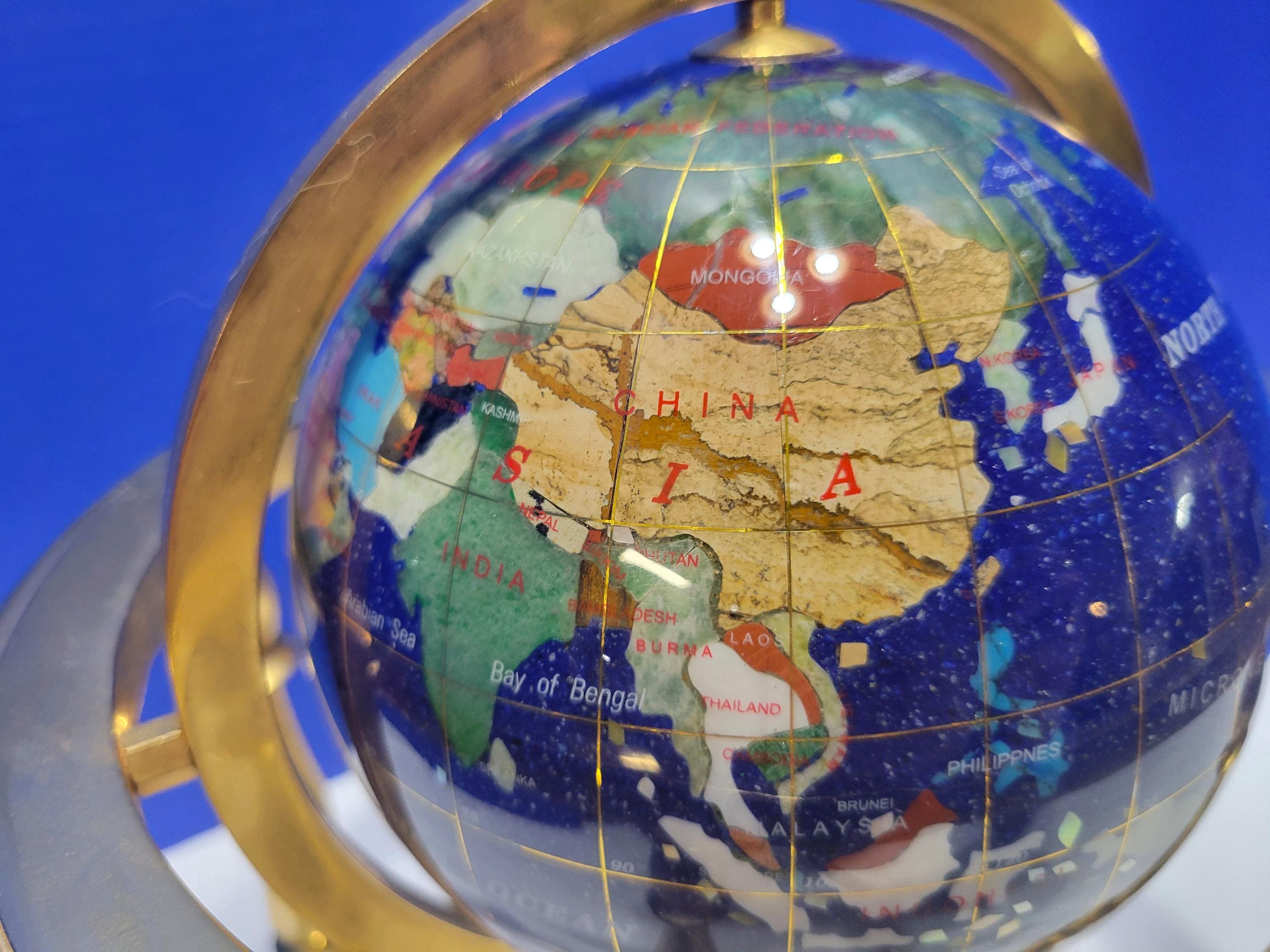 Vintage Rotating Lapis Globe with Semiprecious Gemstones in Brass ...