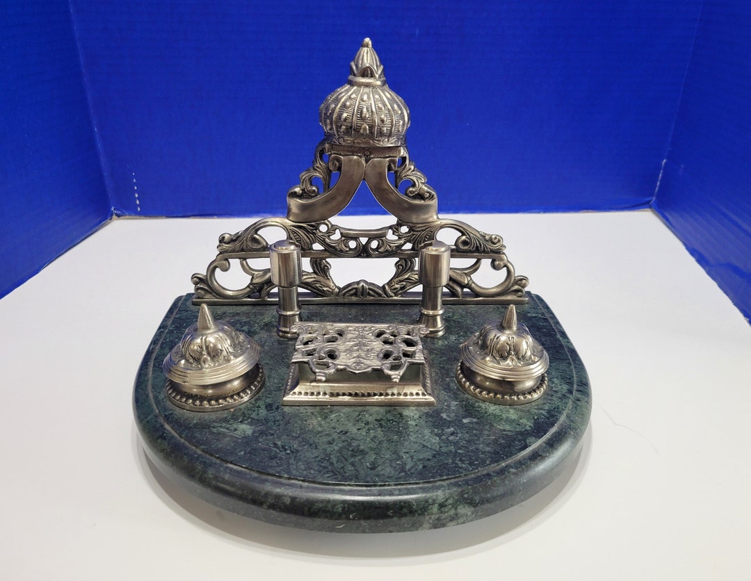 Vintage Ornate Double Ink Well With Marble Base - Etsy