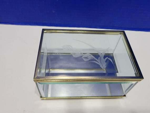 Vintage Beveled Glass Rectangular Box Etched Lid Jewe… - Gem
