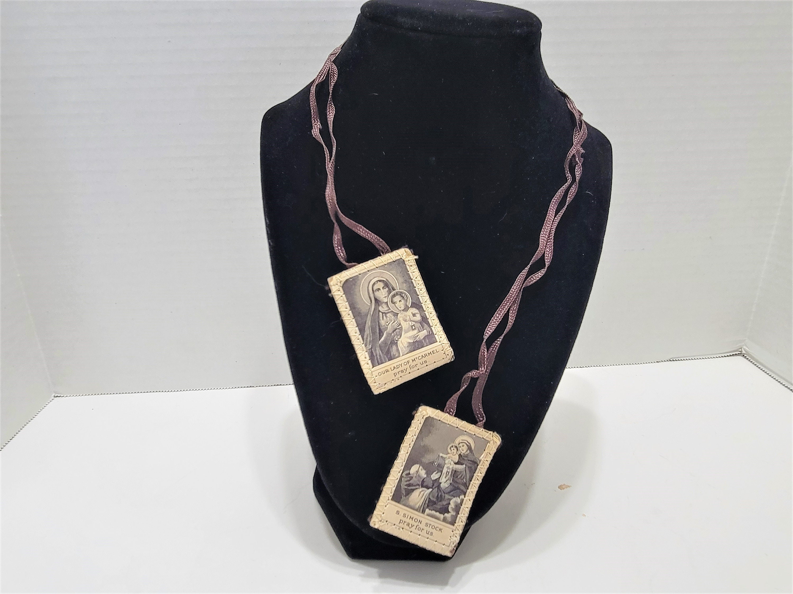Vintage Brown Scapular with Our Lady of Mt. Carmel and Saint Simon Stock