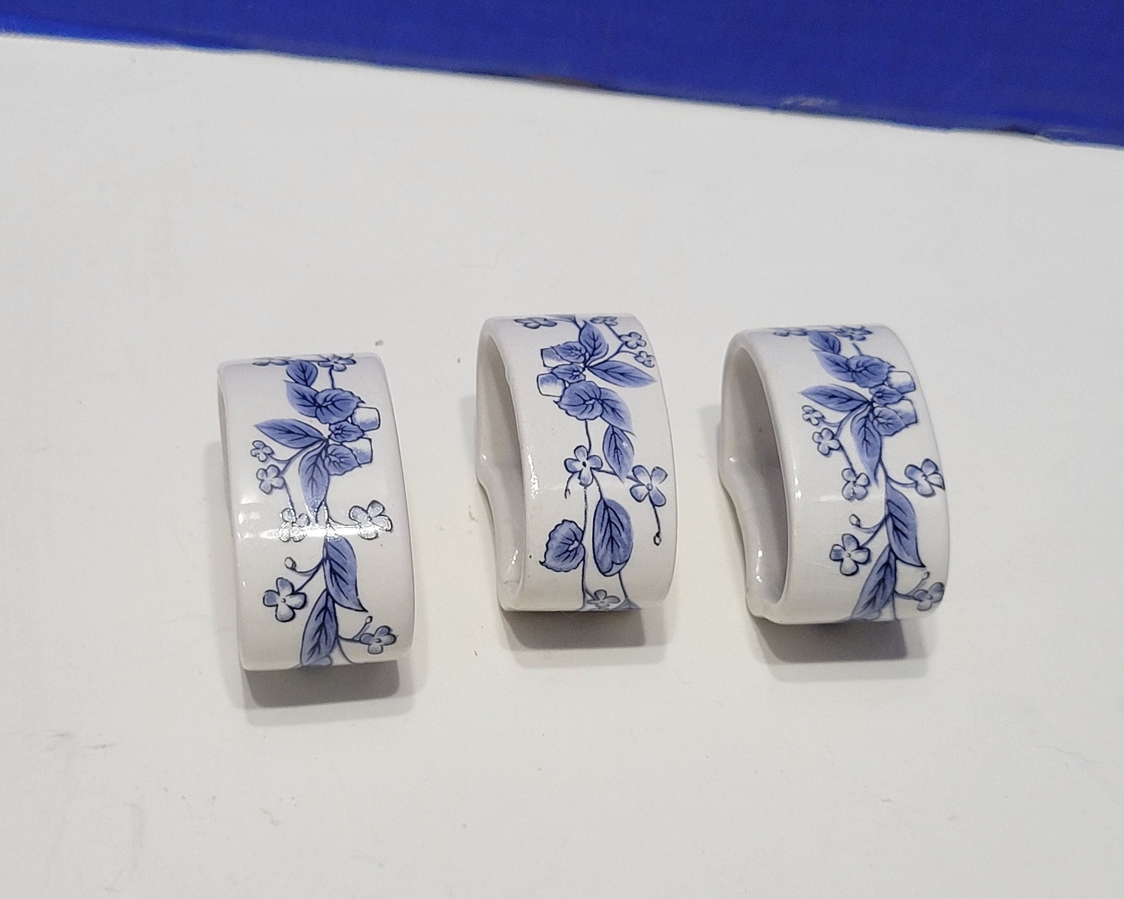 Vintage Blue and White Porcelain Napkin Rings Floral Set of 3