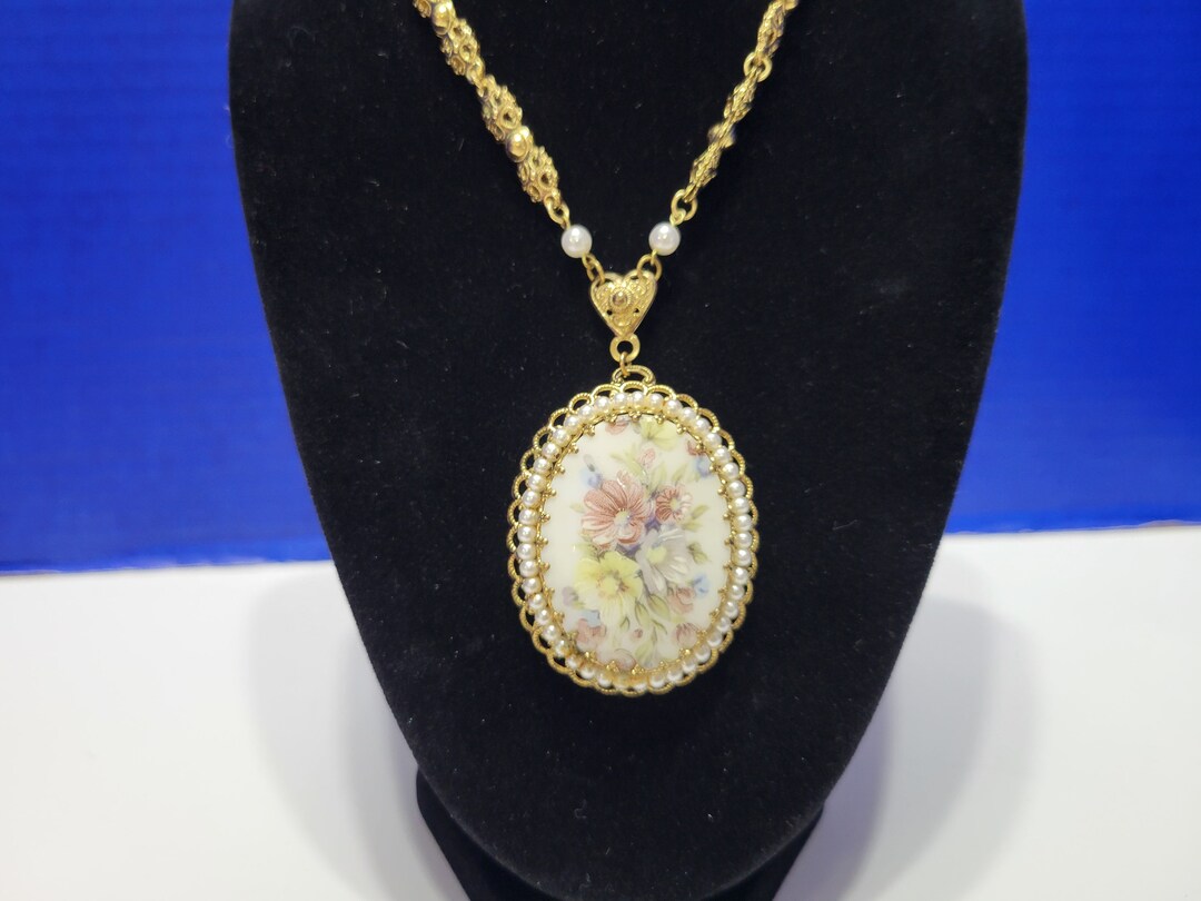 Vintage West German Necklace Floral Hand Painted Pearls and Filigree - Etsy