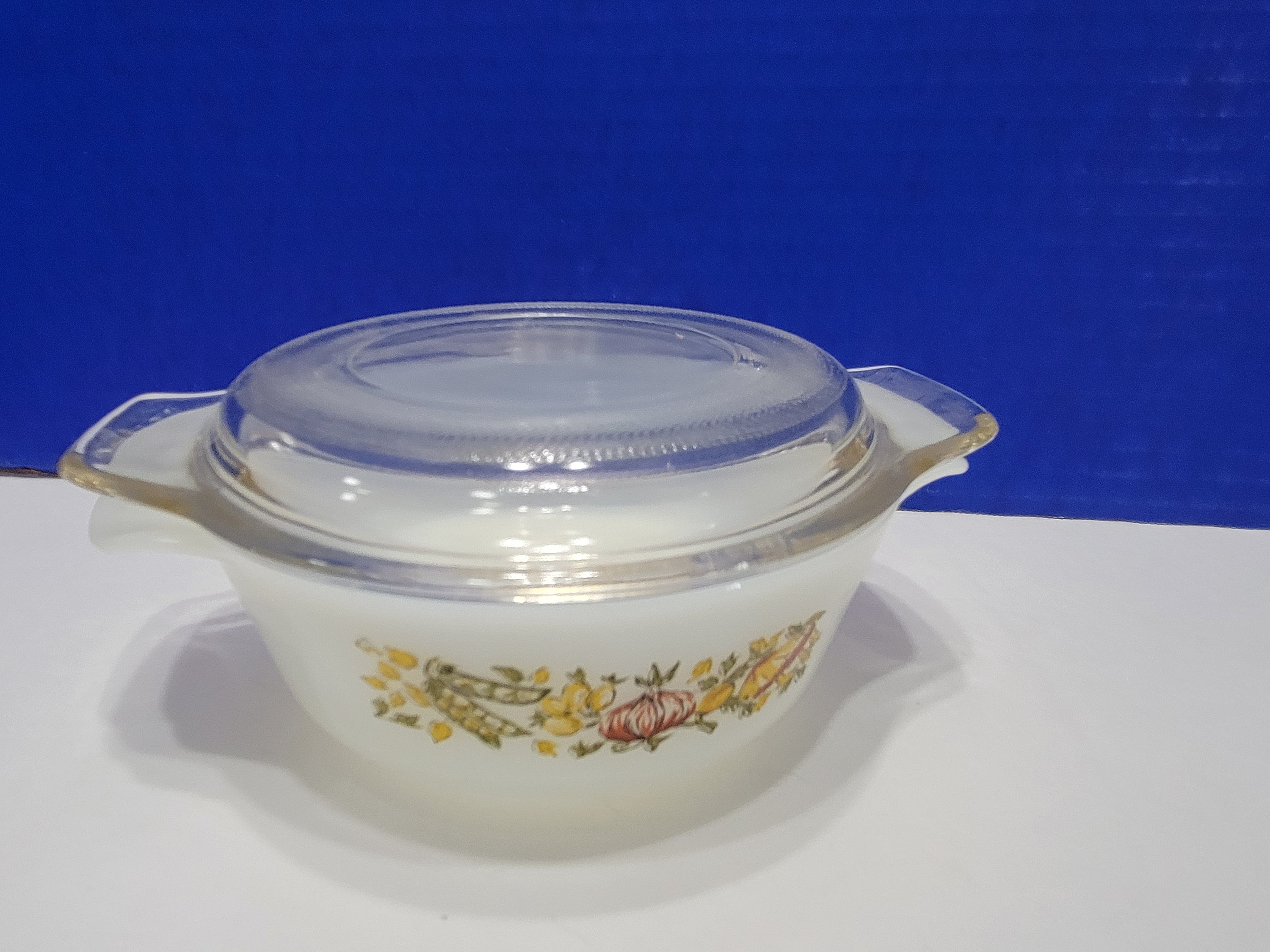 Pair Vintage Fire King Covered Casserole Dishes Harvest Vegetable 12 Ounces