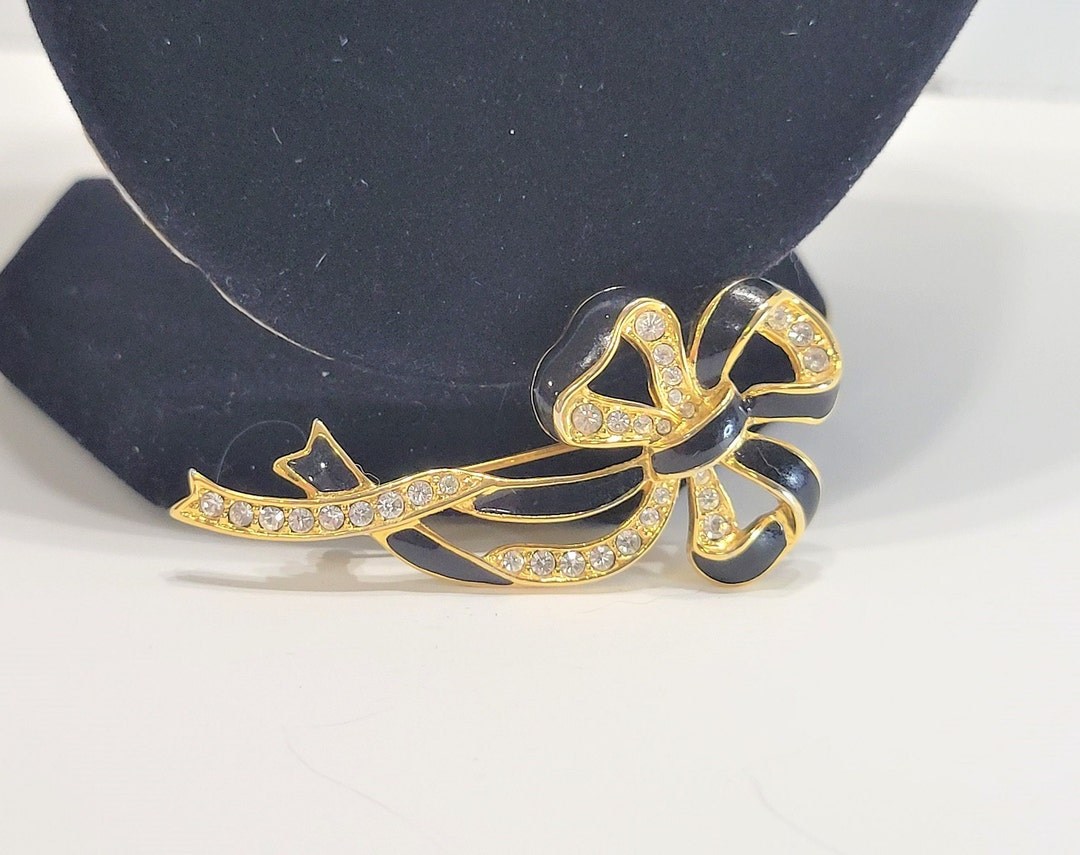 Vintage Black Enamel Bow Pin With Rhinestones - Etsy
