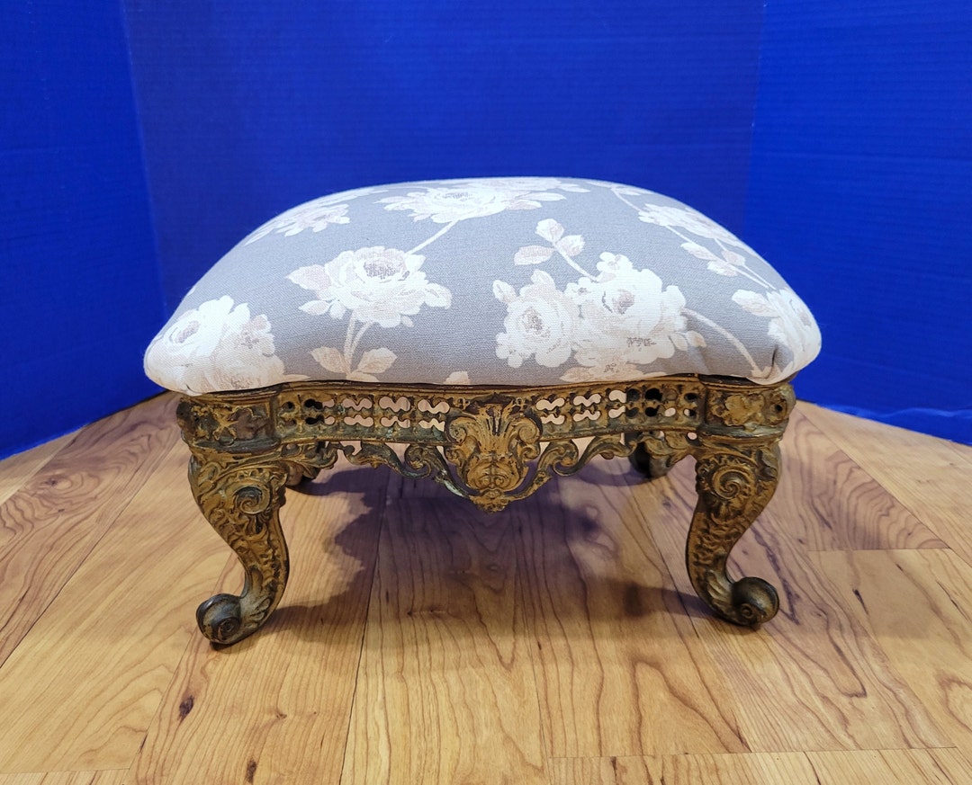 Antique Gold Cast Iron Ornate Foot Stool With Floral Upholstery - Etsy