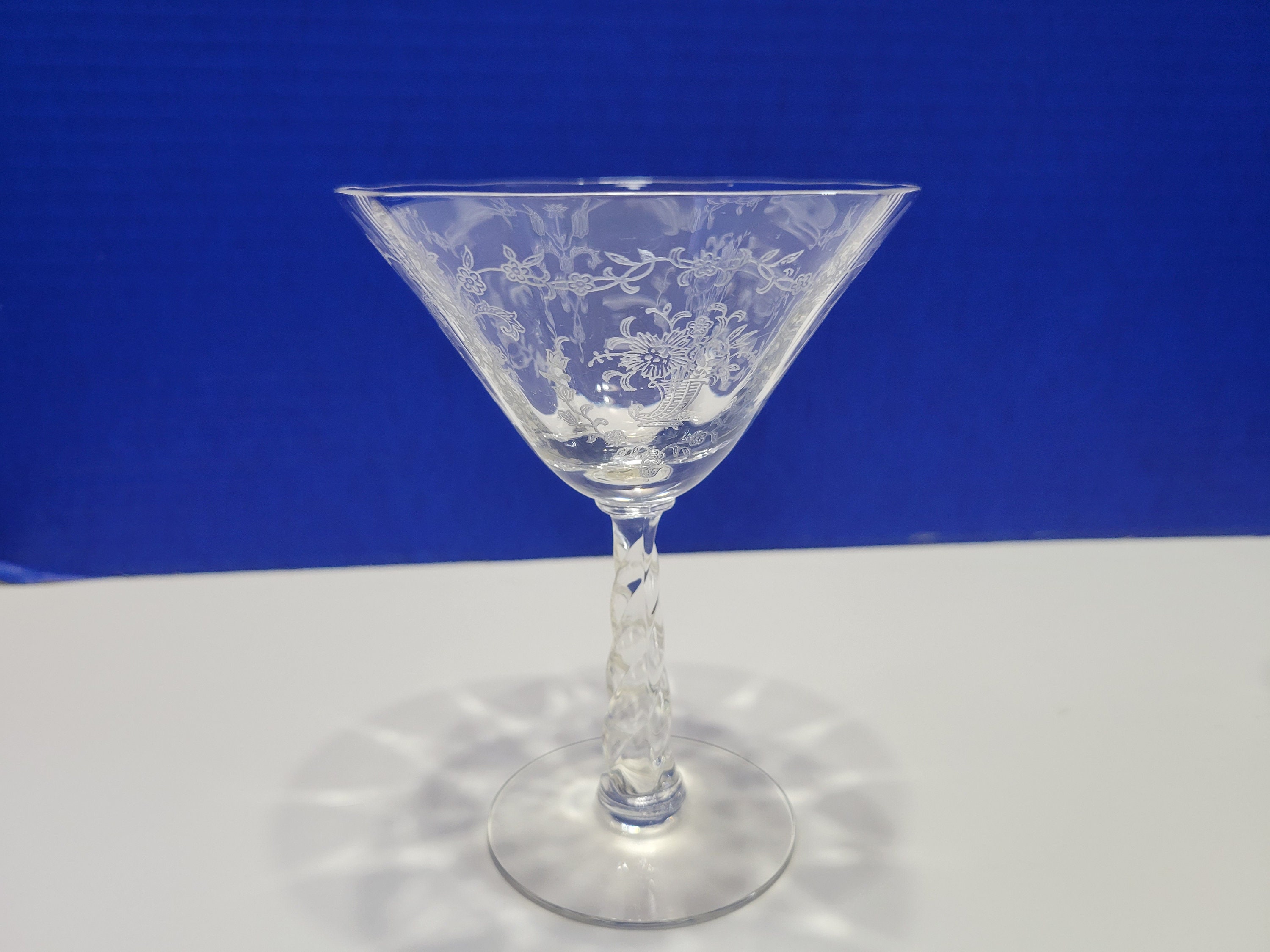 Pair Vintage Fostoria Mayflower Etched Martini Champagne Glasses Twisted Stems