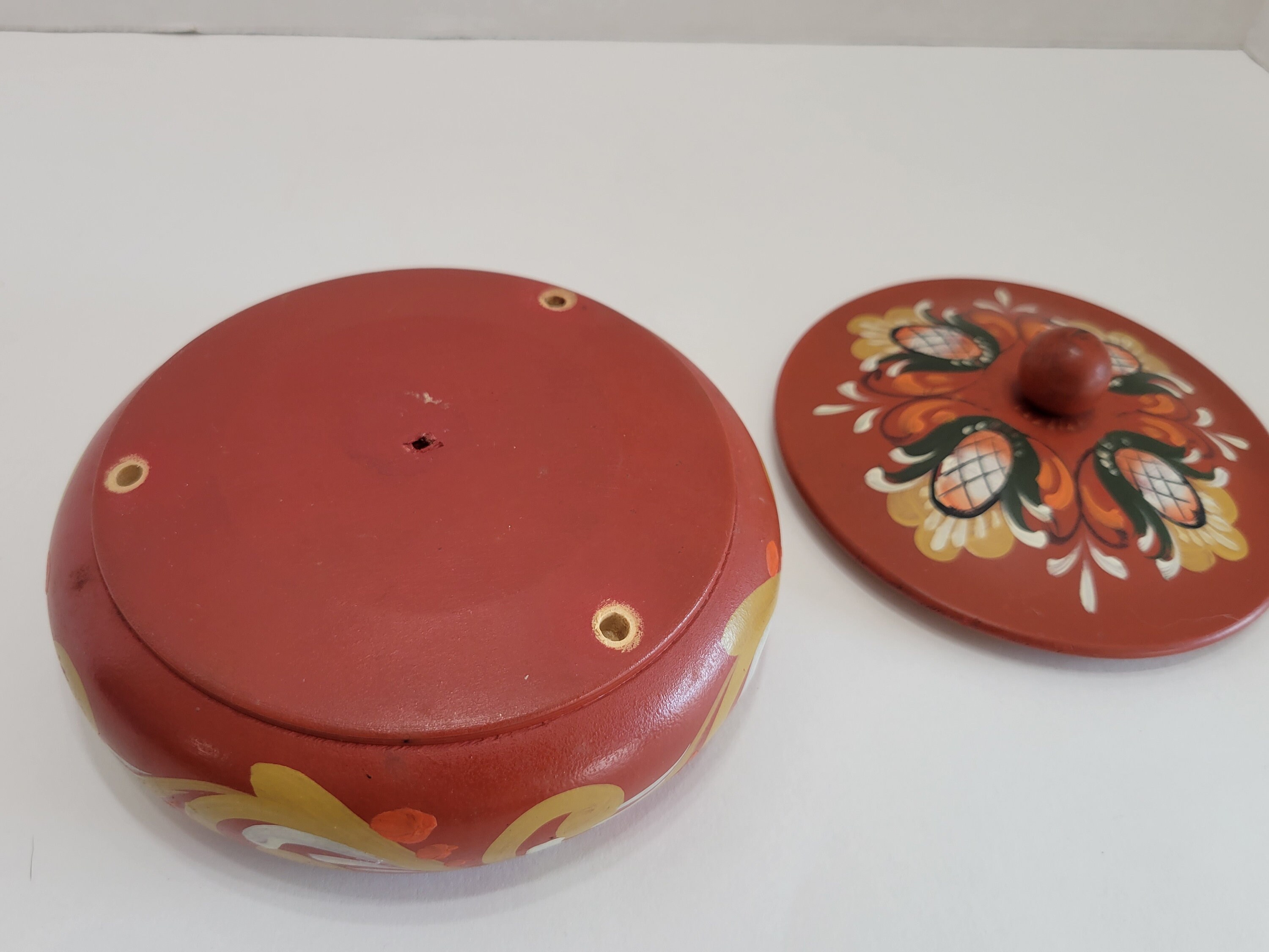 Vintage Scandinavian Covered Round Wood Box with Rosemaling