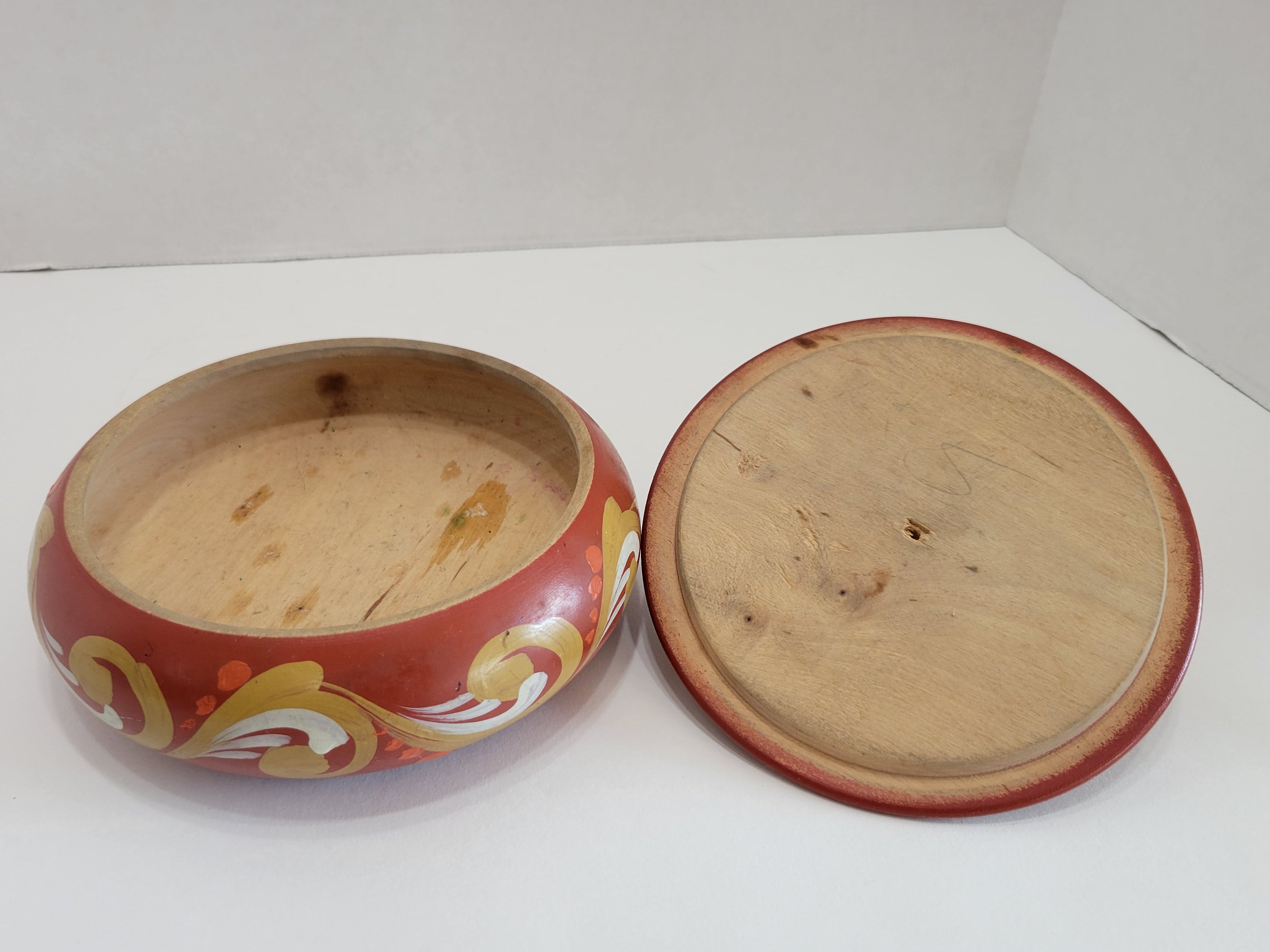 Vintage Scandinavian Covered Round Wood Box with Rosemaling