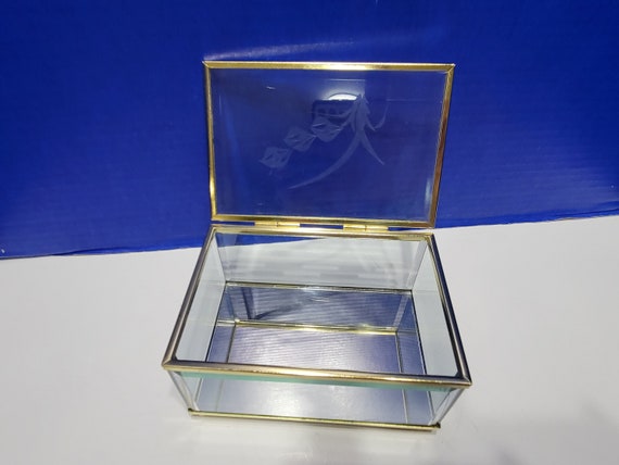 Vintage Beveled Glass Rectangular Box Etched Lid Jewe… - Gem