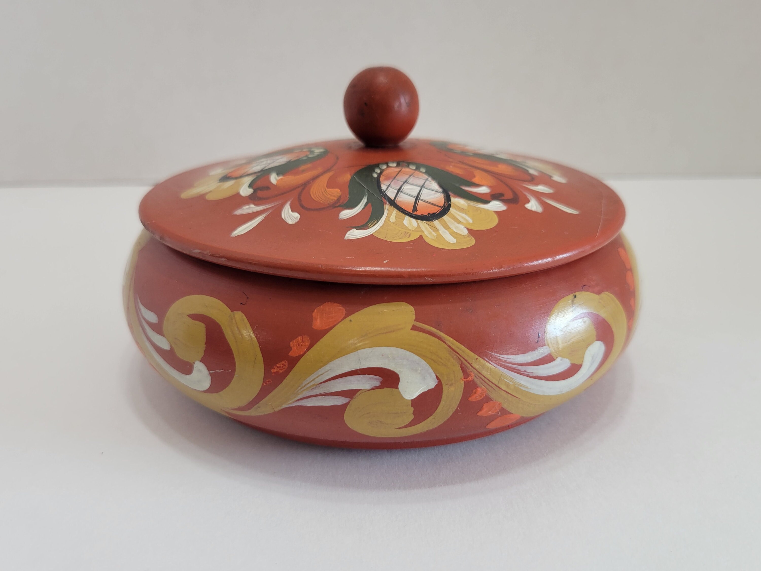 Vintage Scandinavian Covered Round Wood Box with Rosemaling